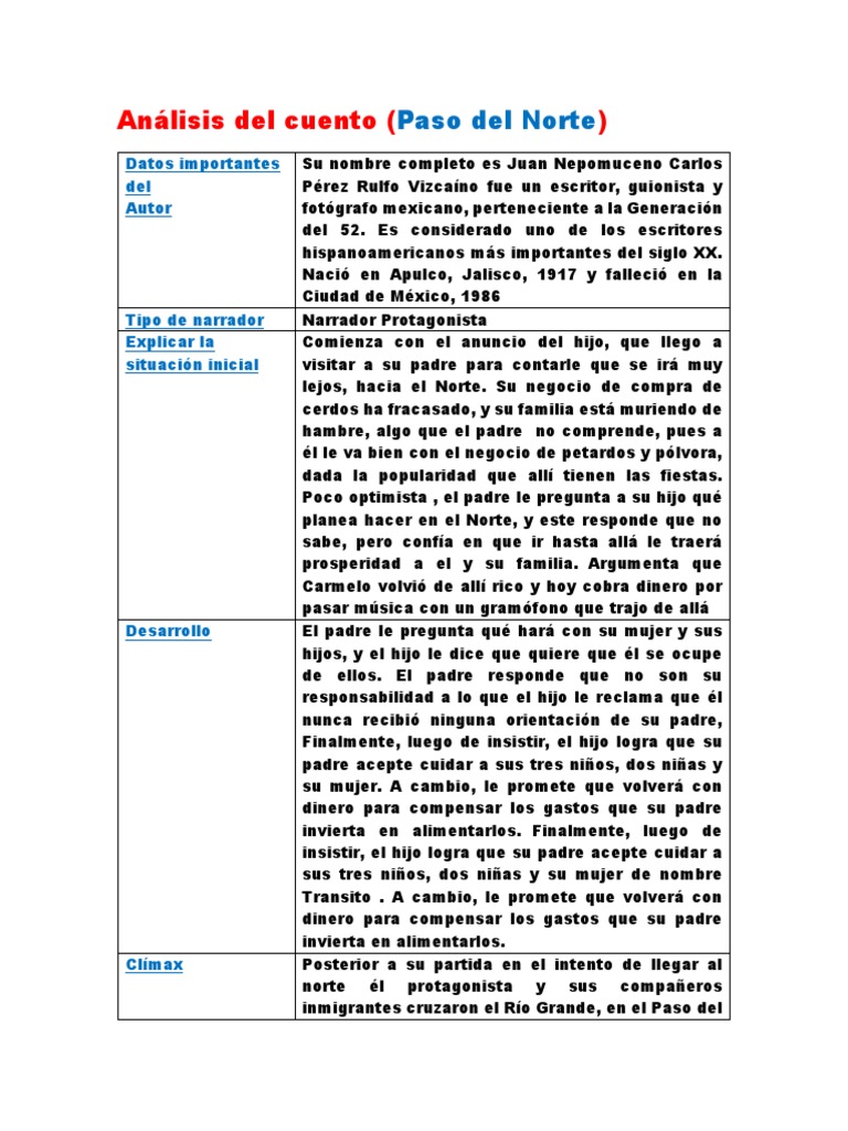 Análisis del cuento "Paso del Norte" | PDF