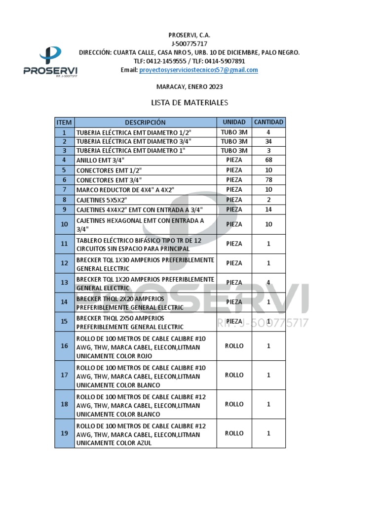 Lista de Materiales - 075127 | PDF | Bienes manufacturados | Equipo