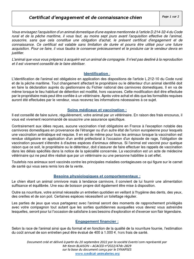 Certificat D'engagement Et de Connaissance Chien V1.4 | PDF | Chiens ...