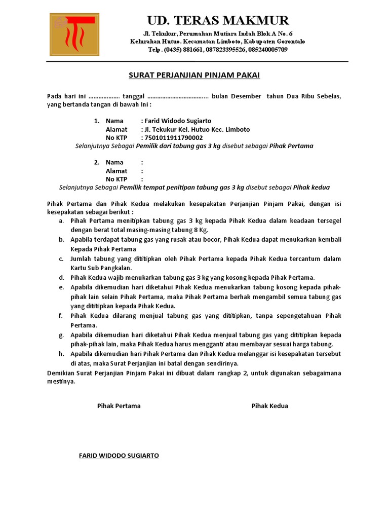 Surat Perjanjian Pinjam Pakai | PDF