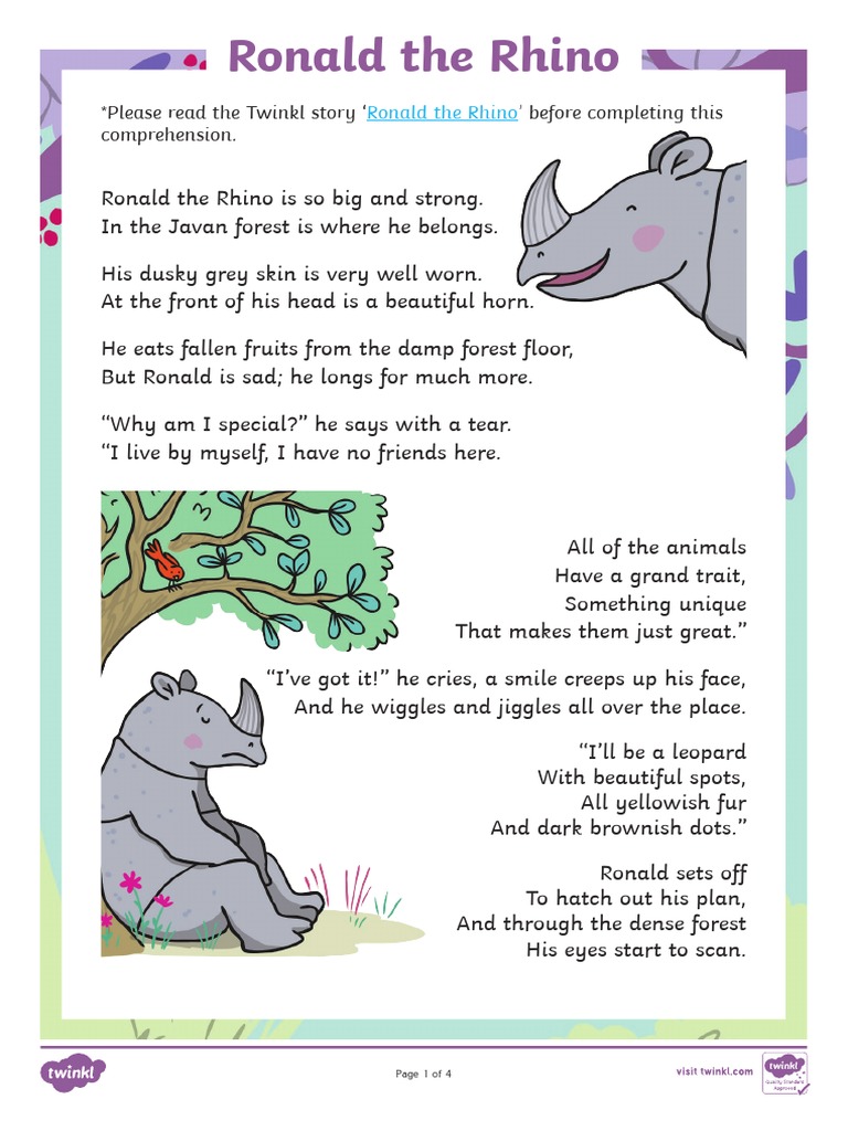 T L 52265 Year 2 Ronald The Rhino Differentiated Reading Comprehension ...