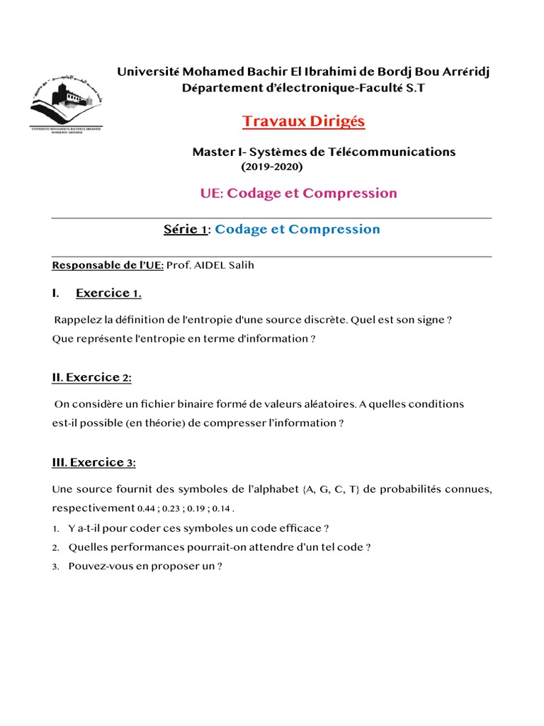 TD 1 Codage Et Compression | PDF | Technologie et ingénierie