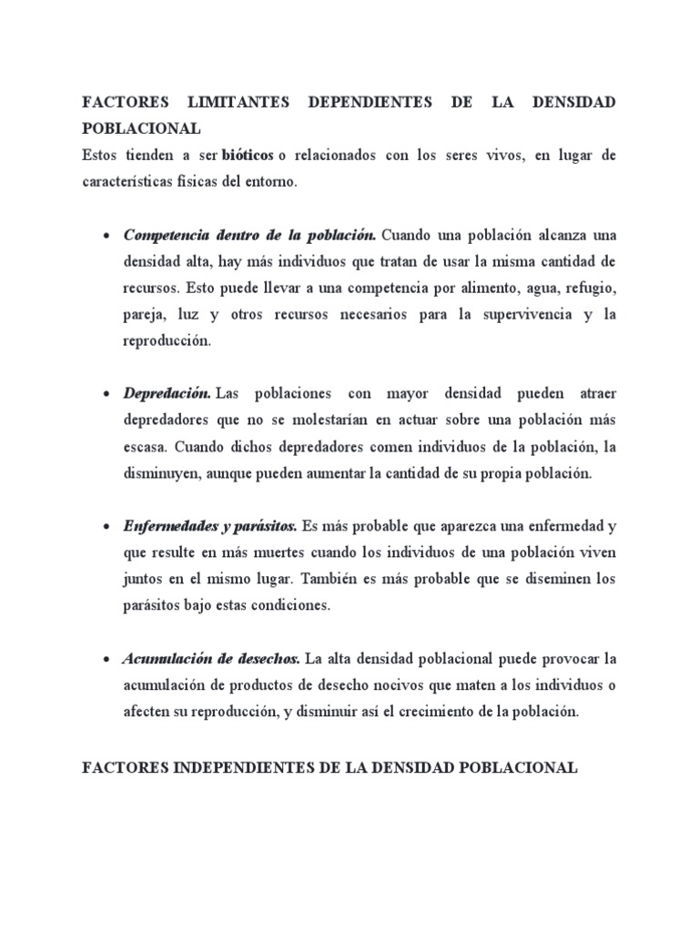 FACTORES LIMITANTES DEPENDIENTES E INDEPENDIENTES DE LA DENSIDAD ...