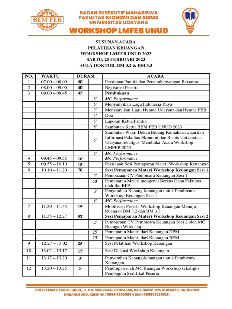 Rundown Workshop LMFEB Unud 2023 Pembukaan, Keuangan, Sekretaris, Dan Live Streaming 2023 | PDF