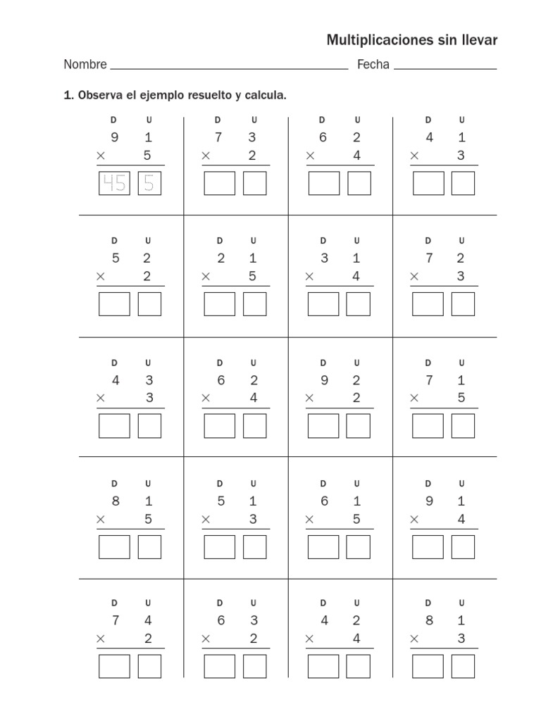 Hoja de Trabajo, Multiplicaciones | PDF