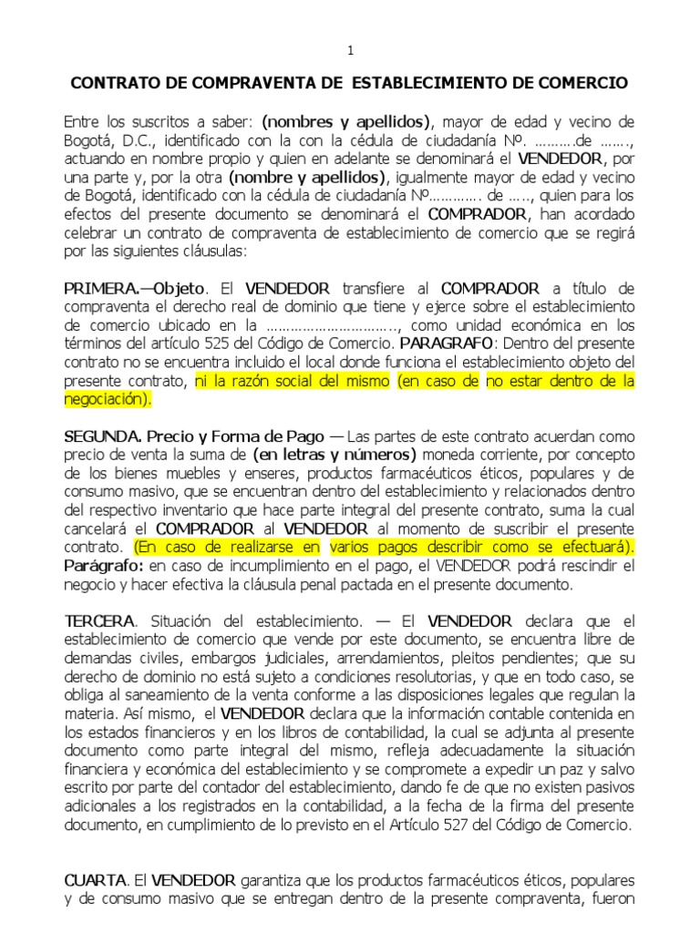 Modelo Contrato de Compraventa Establecimiento de Comercio | Descargar ...