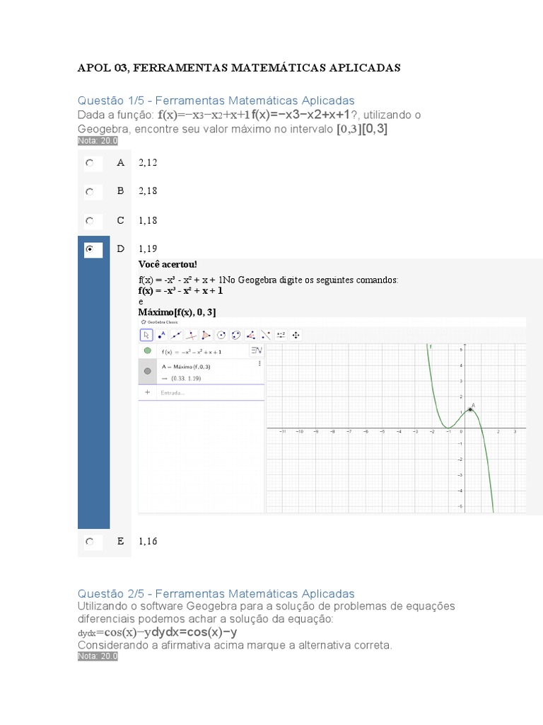 Apol 03, Ferramentas Matemáticas Aplicadas | PDF | Equações ...