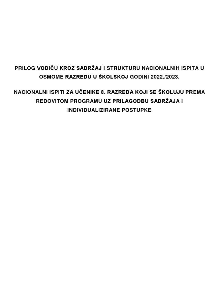 Prilog Vodicu Kroz Sadrzaj I Strukturu Nacionalnih Ispita U Osmome Razredu U Skolskoj Godini ...