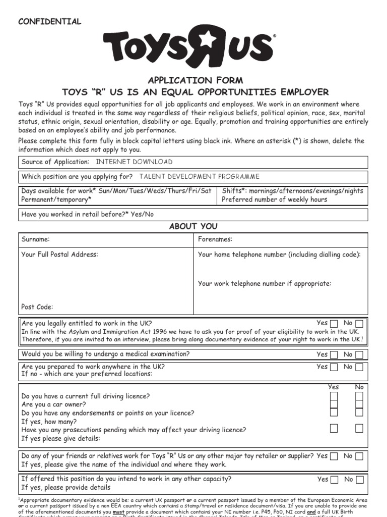Application Form Toys "R" Us Is An Equal Opportunities Employer | PDF ...