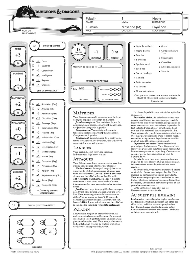 Donjon & Dragon - Fiche Personnage (Humain Paladin) | PDF