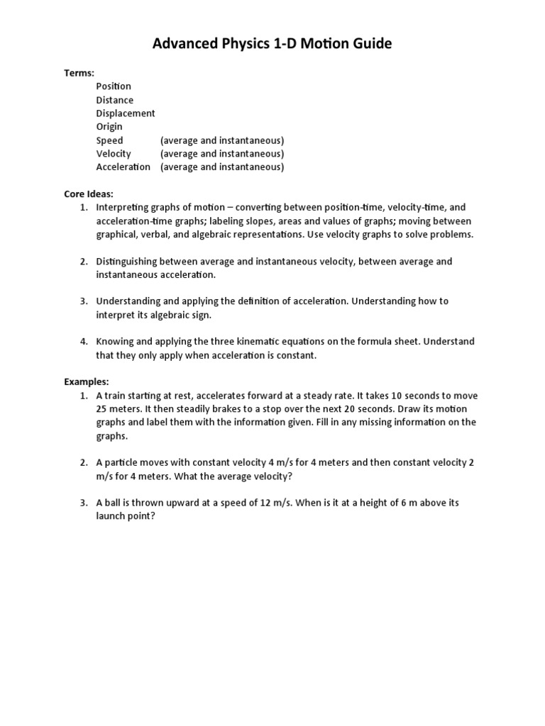 1.00 Summary Sheet 1-D Motion | PDF