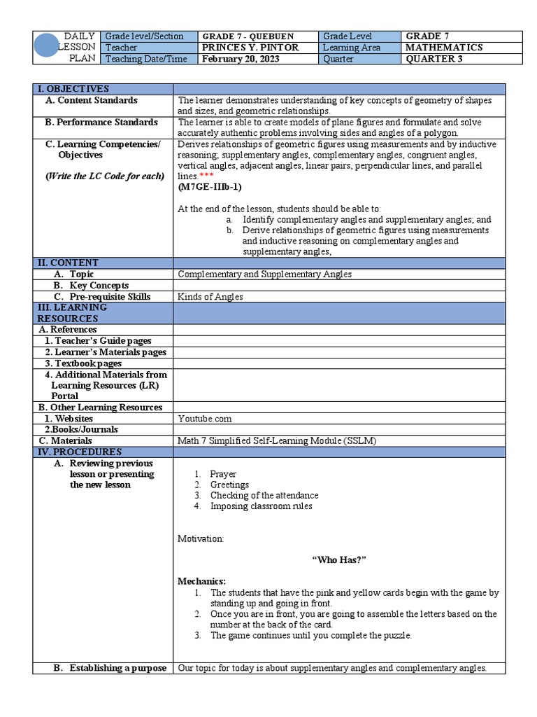PINTOR-DLP-Q3-W2-Day 1 | PDF | Angle | Geometry