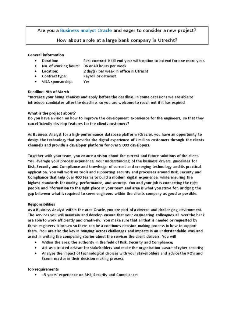 Oracle Business Analyst Job Utrecht | PDF | Agile Software Development ...