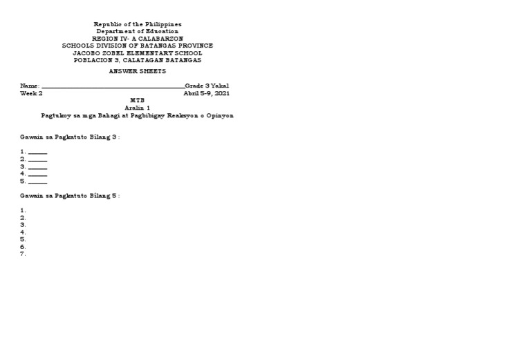 Week 2 Answer Sheet | PDF