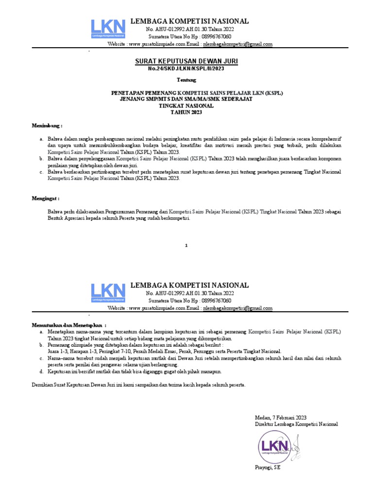 Pengumuman Tingkat Nasional Kompetisi Sains Pelajar LKN (KSPL) SMP & Sma PDF | PDF