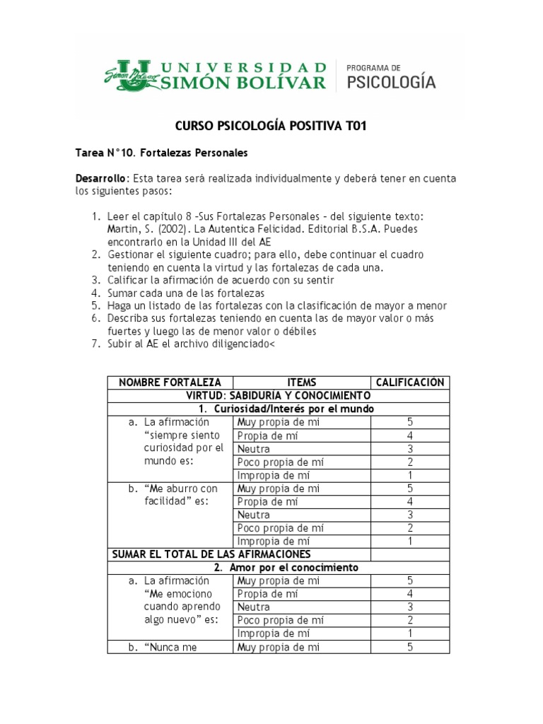 Tarea N°10. Fortalezas Personales T01 | PDF | Pensamiento | Amor