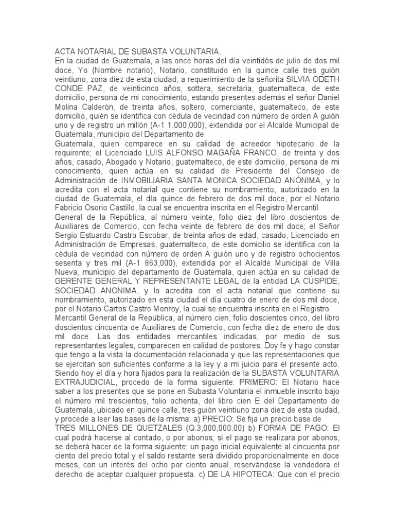 Acta Notarial de Subasta Voluntaria | PDF | Subasta