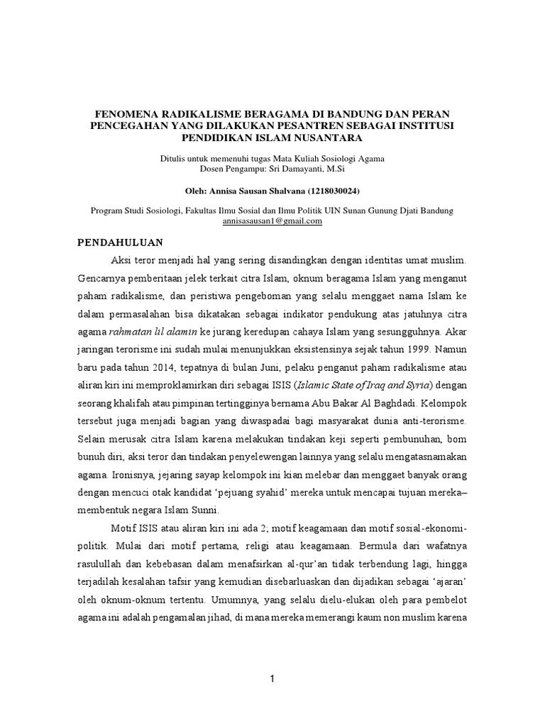 Fenomena Radikalisme Beragama Di Bandung Dan Peran Pencegahan Yang Dilakukan Pesantren Sebagai ...