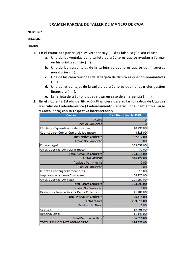 Examen Parcial de Taller de Manejo de Caja | PDF | Finanzas y administración del dinero