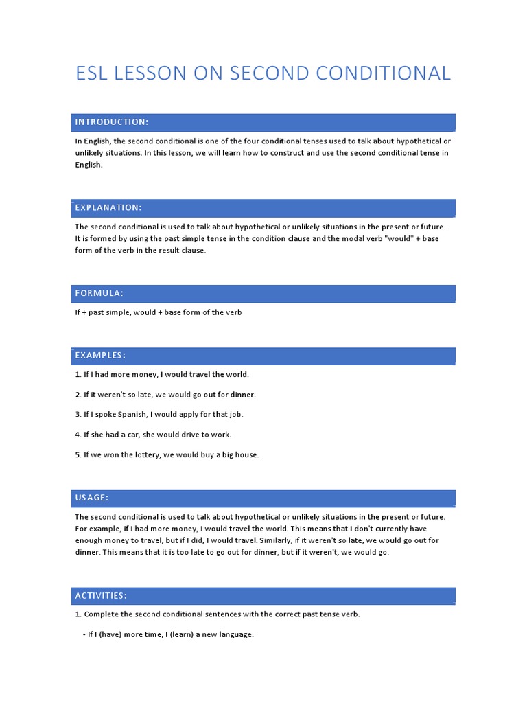 ESL Lesson On Second Conditional PDF | PDF