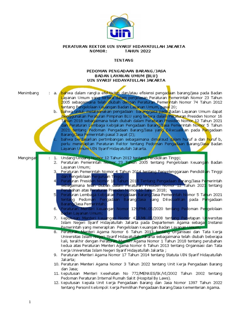 Draft Pedoman Pengadaan Barjas BLU - UIN JKT 2022 | PDF