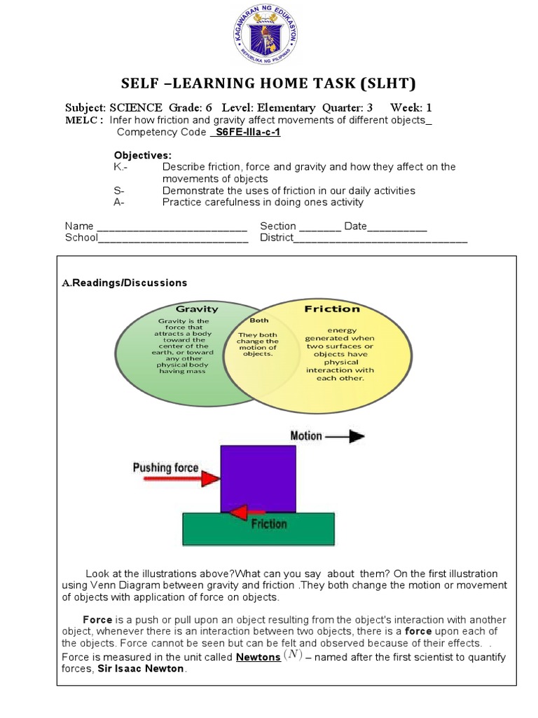 SHLT SCI 6 Q3 WK 1 Ok | PDF | Force | Friction