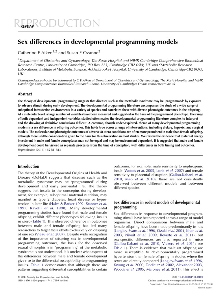 Aiken And Ozanne 2013 Sex Differences In Developmental Programming