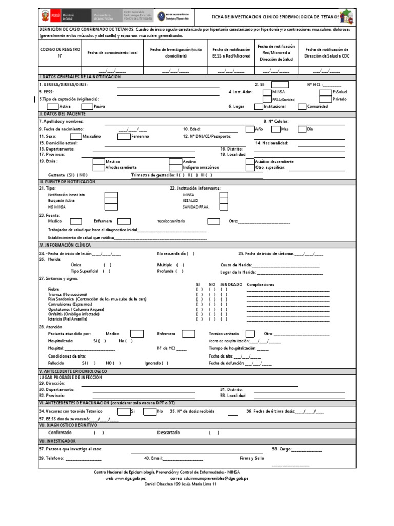 Ficha de Investigación de Tétanos | PDF | Hospital | Epidemiología