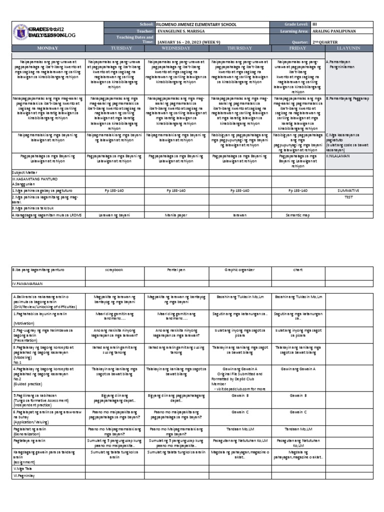 DLL - Araling Panlipunan 3 - Q2 - W9 PDF | PDF