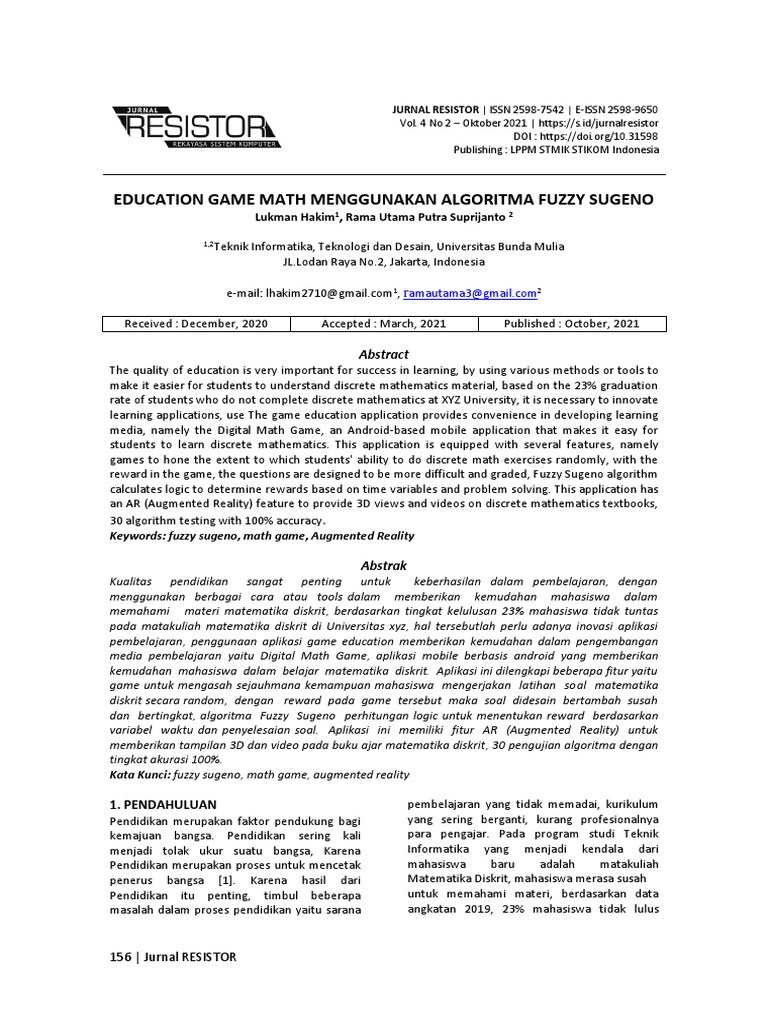 Education Game Math Menggunakan Algoritma Fuzzy Sugen | PDF | Computer Science | Science