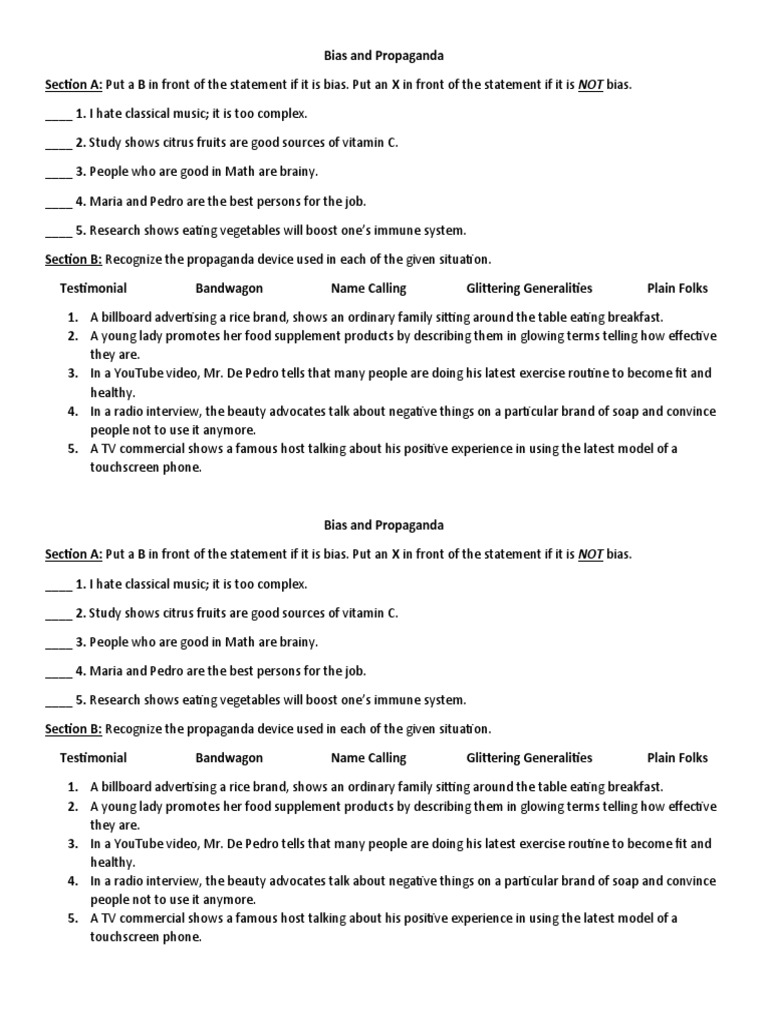 Bias and Propaganda Classwork Worksheet | Download Free PDF ...