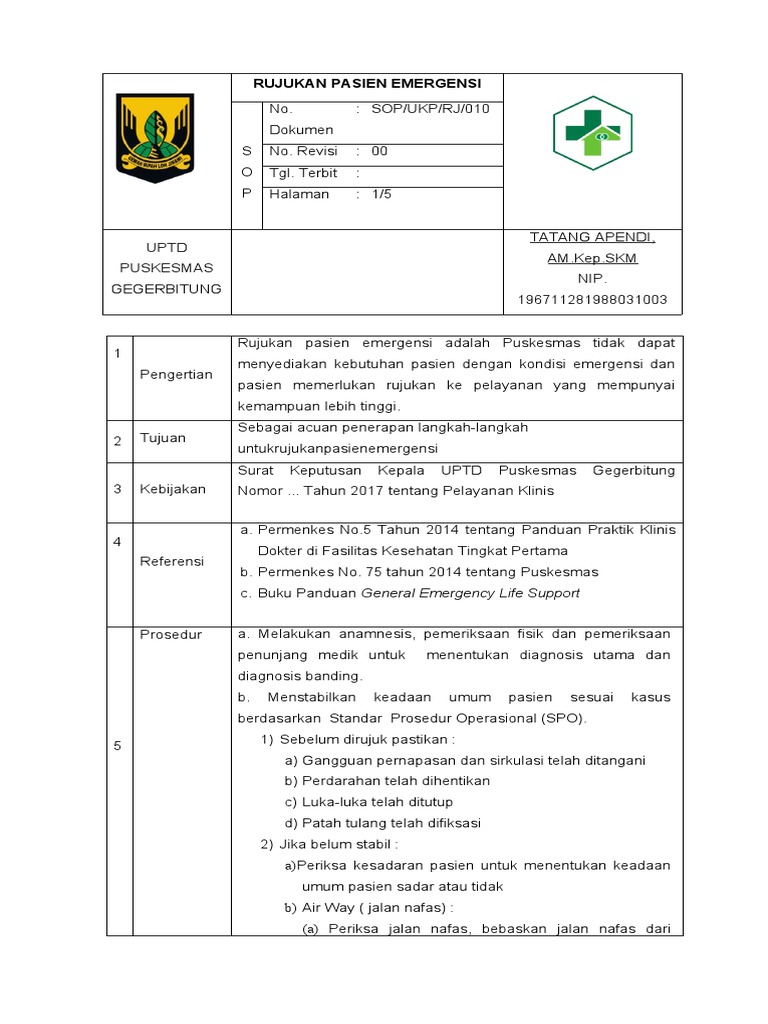 Sop - Rujukan Emergency (Selesai) | PDF