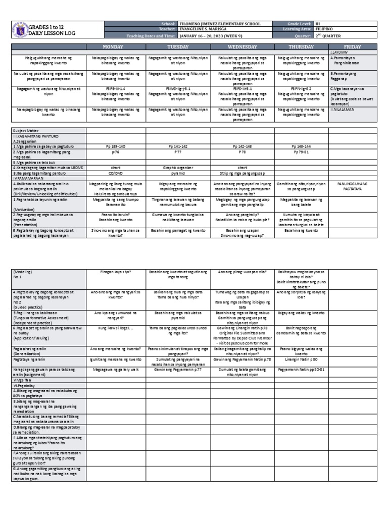 DLL - Filipino 3 - Q2 - W9 | PDF