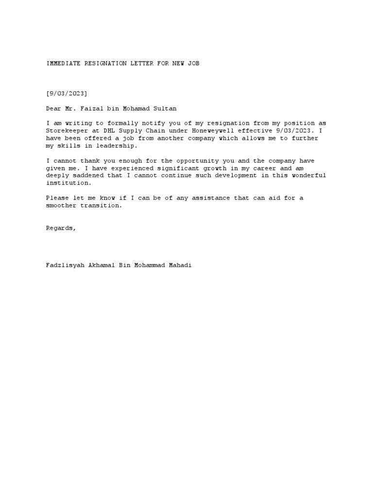 24 Hours Resignation Letter | PDF