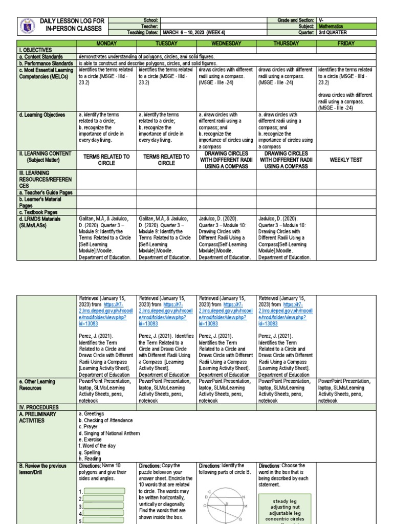 G5 Q3W4 DLL MATH MELCs | PDF | Elementary Geometry | Tools