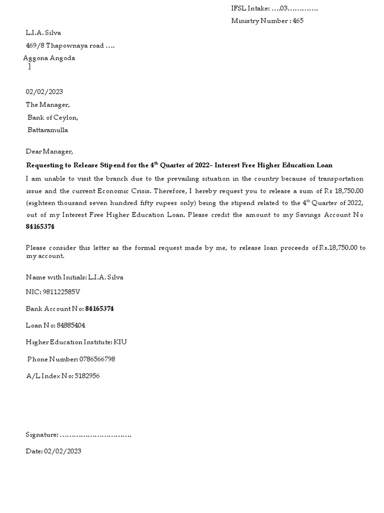 Annexure 1 - STIPEND Letter Format 4th Quarter 2022 | PDF