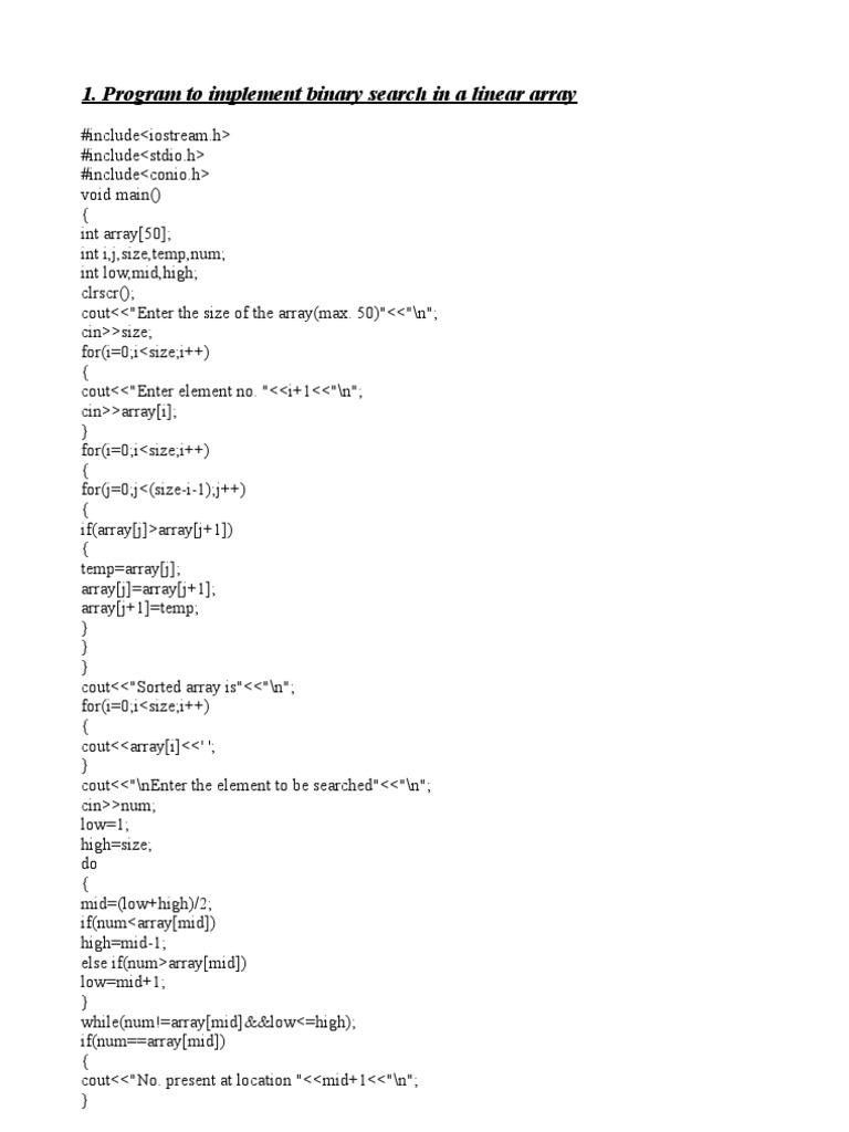 Program To Implement Binary Search in A Linear Array | PDF | Area ...