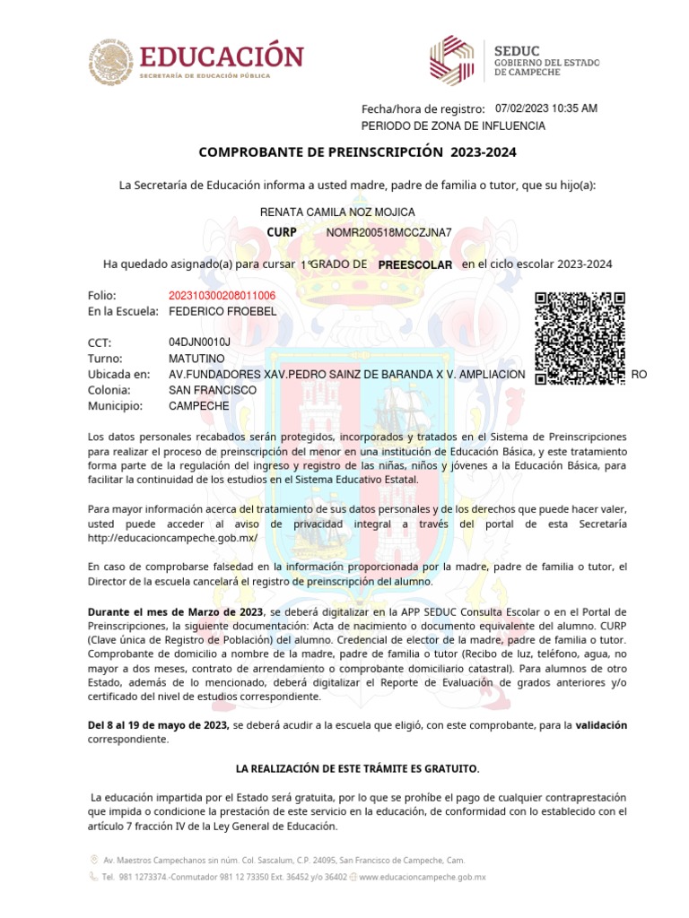 Folio Preinscripcion de RENATA CAMILA NOZ MOJICA PDF | PDF