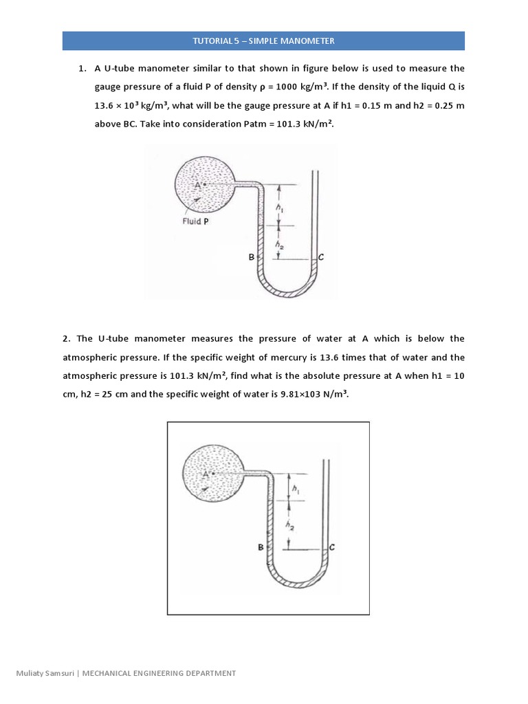 Tutorial 5 - (Simple Manometer) | Download Free PDF | Pressure ...