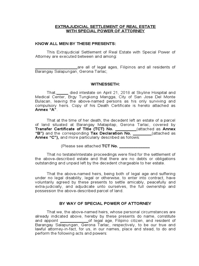 Real Estate Settlement for Heirs | PDF | Intestacy | Power Of Attorney