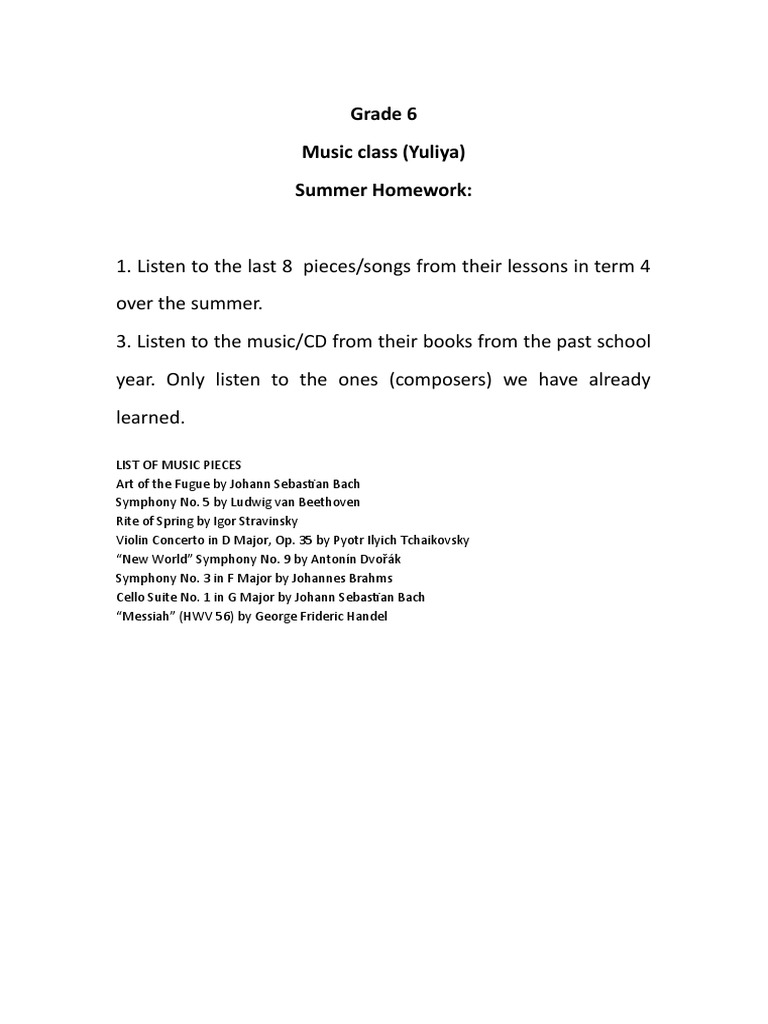 Grade 6. Music Homework | PDF | Art