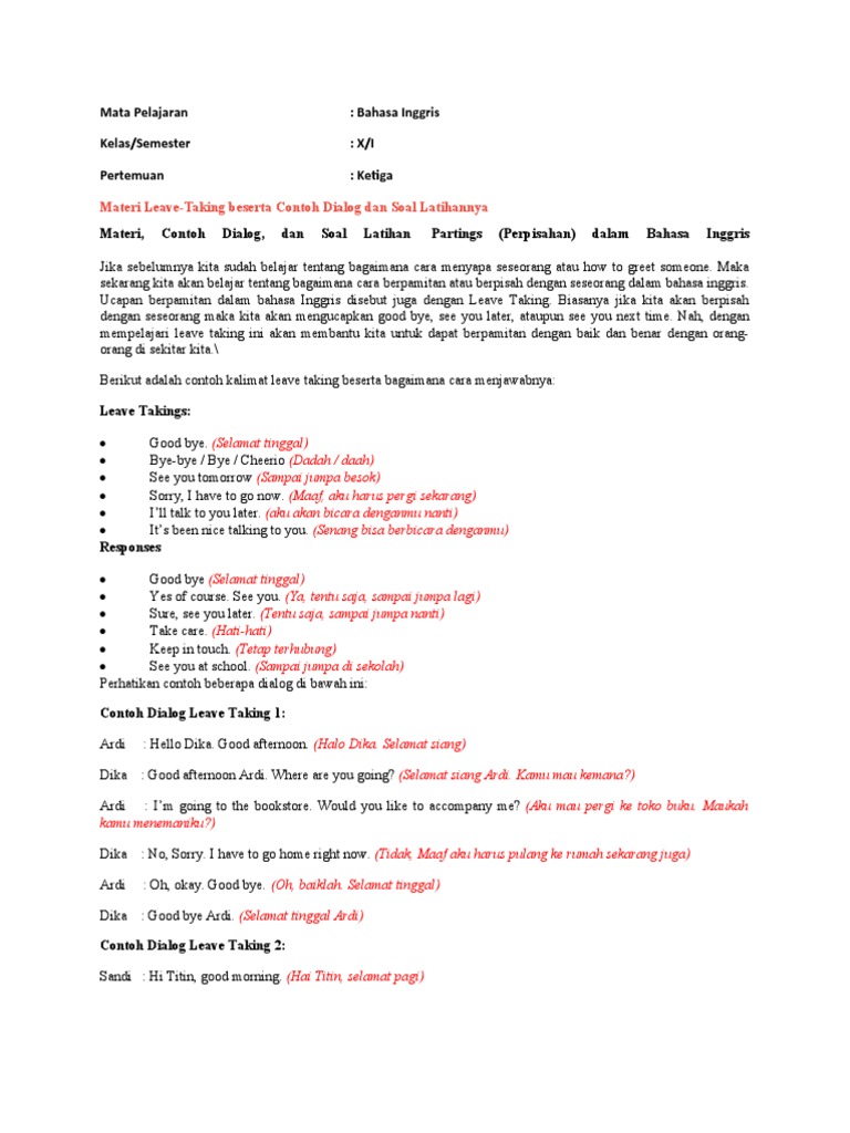 Leave-Taking Dialogues and Exercises | PDF