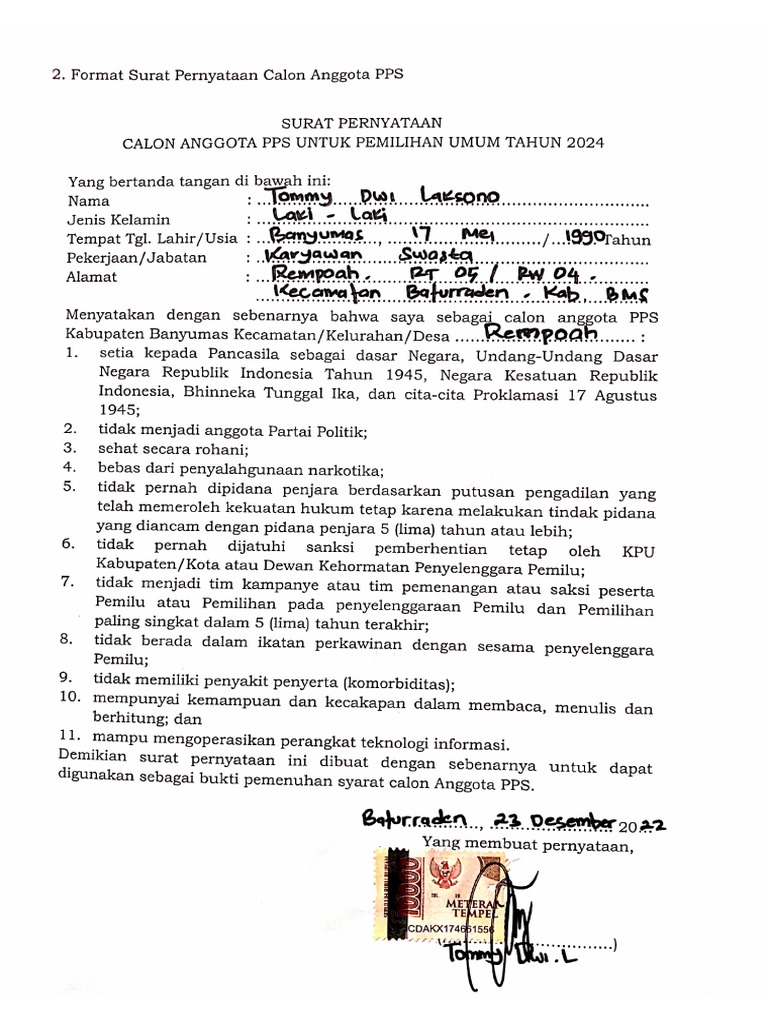 Surat Pernyataan PPS 2024 PDF | PDF