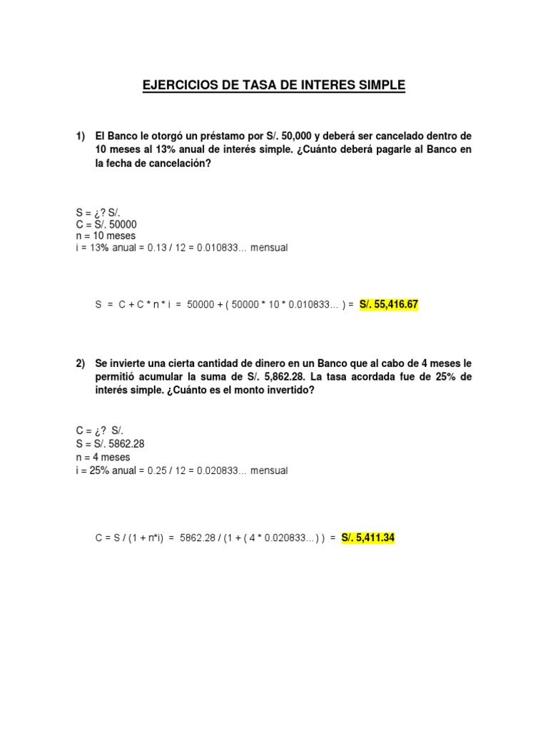 Ejercicios de Tasa de Interes Simple | PDF