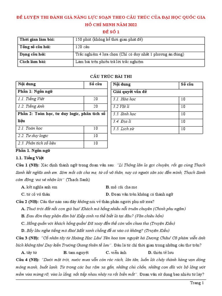 De Luyen Thi Danh Gia Nang Luc Dai Hoc Quoc Gia TP HCM de So 1 Ban Word Kem Giai | PDF