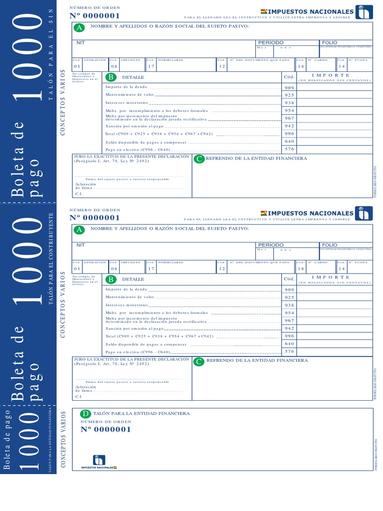 Boleta de Pago 1000 para Contribuyentes | PDF | Impuestos | Economía ...