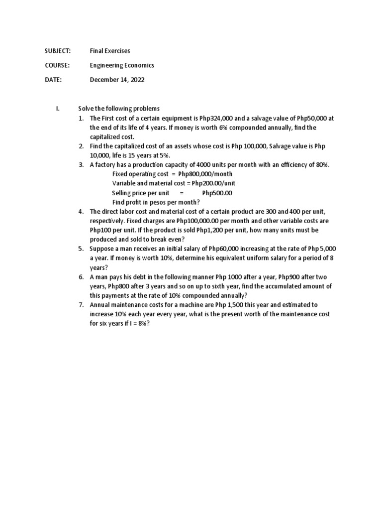 Engineering Economicsfinal Exercises | PDF