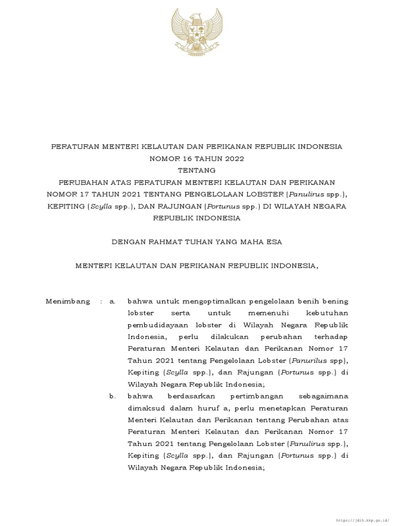 Permen KP No. 16 Tahun 2022 TTG Perubahan Permen KP No 17 Tahun 2021 ...