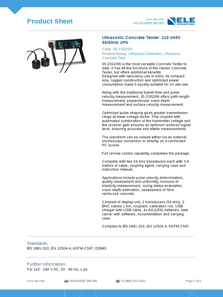 Ele Ultrasonic Concrete Tester 110-240V 50 - 60Hz 1Ph | PDF ...