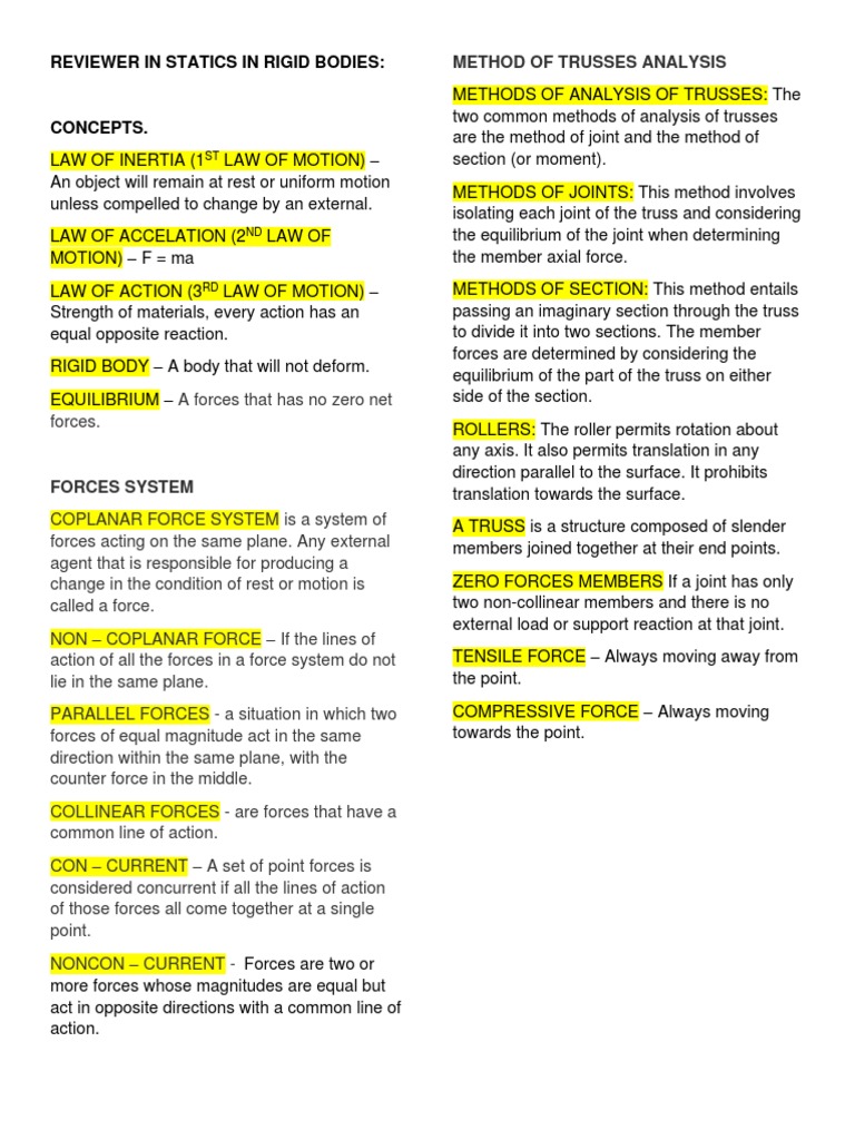 Reviewer in Statics in Rigid Bodies | PDF | Force | Truss
